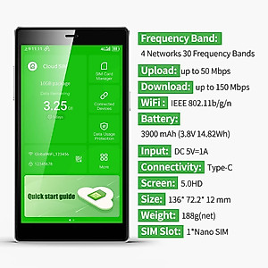 GlocalMe G4 Pro 4G LTE Mobile Hotspot Router & Protective Case, with US 8GB & Global 1.1GB Data, 5” Touch Screen LCD Display Portable WiFi Hotspot for Travel, No Contract, SIMFREE, Pocket WiFi Device