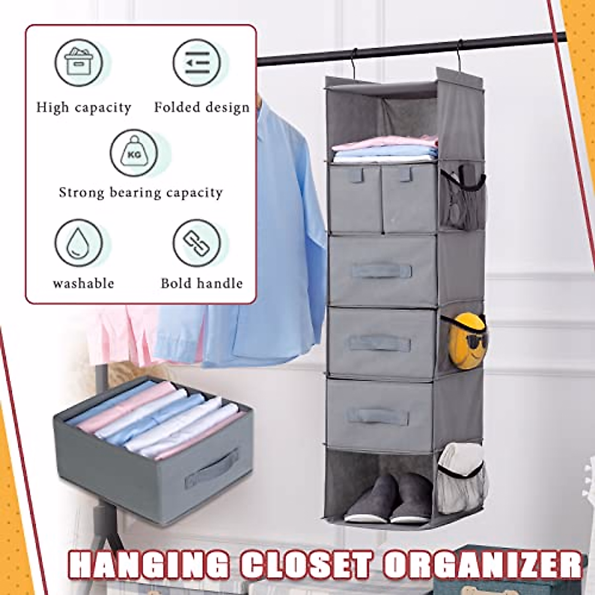 Bosuelife 6-shelves Hanging Closet Organizer with 5 Different Drawers, Foldable Closet Organizers and Storage for Wardrobe, Closet& RV, Clothes and Accessories Storage, Non-woven fabric, Gray