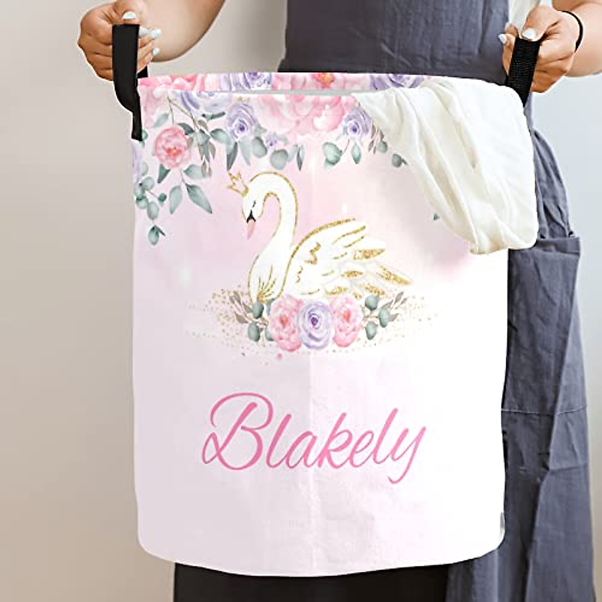 Swan Princess Pink Purple Personalized Foldable Freestanding Laundry Basket Clothes Hamper with Handle, Custom Collapsible Storage Bin for Toys Bathroom Laundry