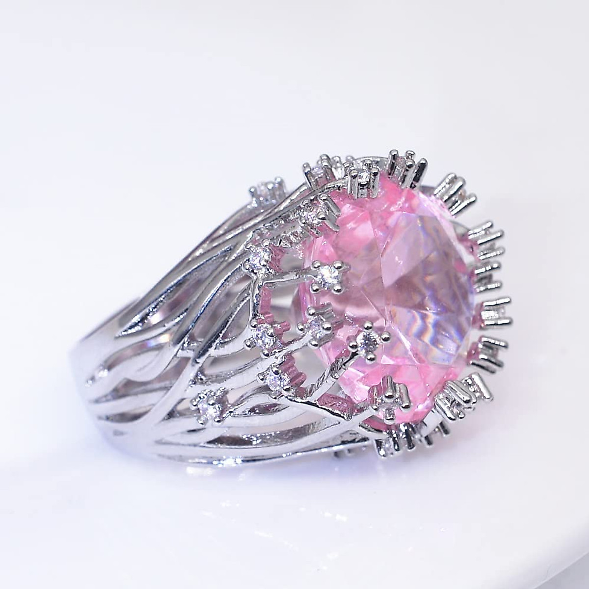 S925 Sterling Silver Creative Fashion Ladies Pink Crystal Ring Gemstone Ring CZ Princess Cut AAA Cubic Zirconia Pink Crystal Ring Cocktail Ring Engagement Wedding Ring Size 6-10 CZC716 (6)
