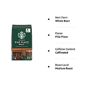 Starbucks Whole Bean Coffee—Medium Roast Coffee—Pike Place Roast—100% Arabica—1 bag (18 oz)