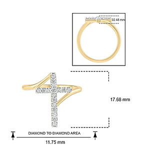 Cali Trove, Diamond Cross Ring for Women in Yellow Gold-Plated Sterling Silver, Women's Vertical Cross Ring with Bypass Band and Accented with Round White Diamonds, Yellow Gold-Plate Religious Ring