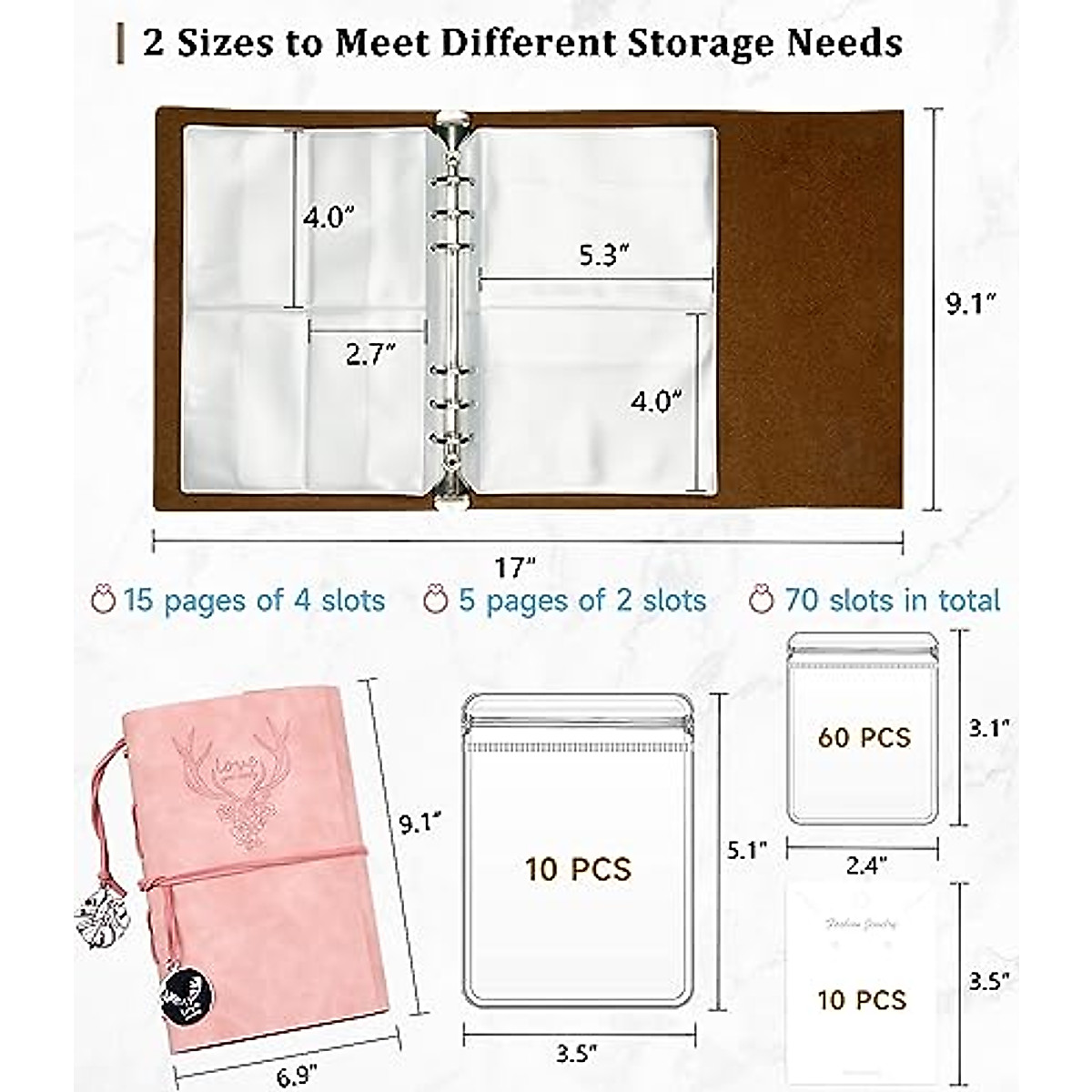 Verkigle Travel Jewelry Organizer, A5 Binder Jewelry Storage Book with Pockets, Foldable Earring Holder with Clear Jewelry Bags for Ring, Studs and Bracelet(70 Grids+70 Thicken PVC Bags)