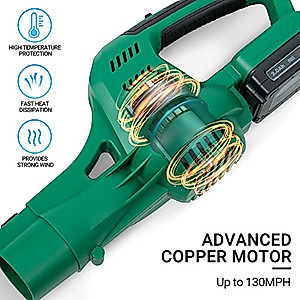 WISETOOL 20V Cordless Leaf Blower with Battery and Charger, Leaf Blower Battery Operated, Rechargeable Electric Handheld Leaf Blower Variable Speed with 2 Tubes for Patio, Leaves & Snow Blowing-Green