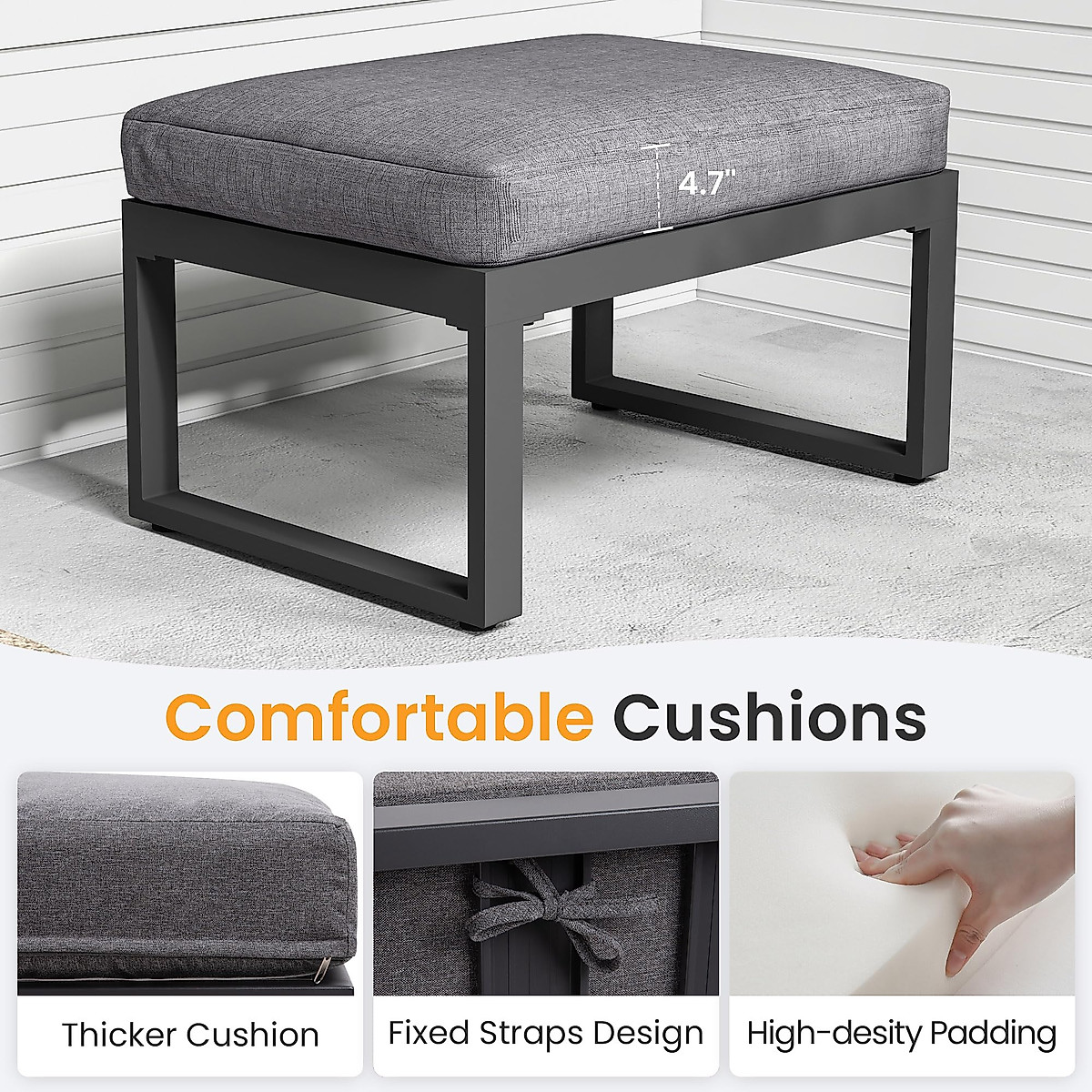 RoyalCraft 2 Pieces Aluminum Outdoor Patio Ottoman Set, Outdoor Foot Stools with Thick Cushion, Small Seat Furniture for Porch Balcony Backyard, Grey