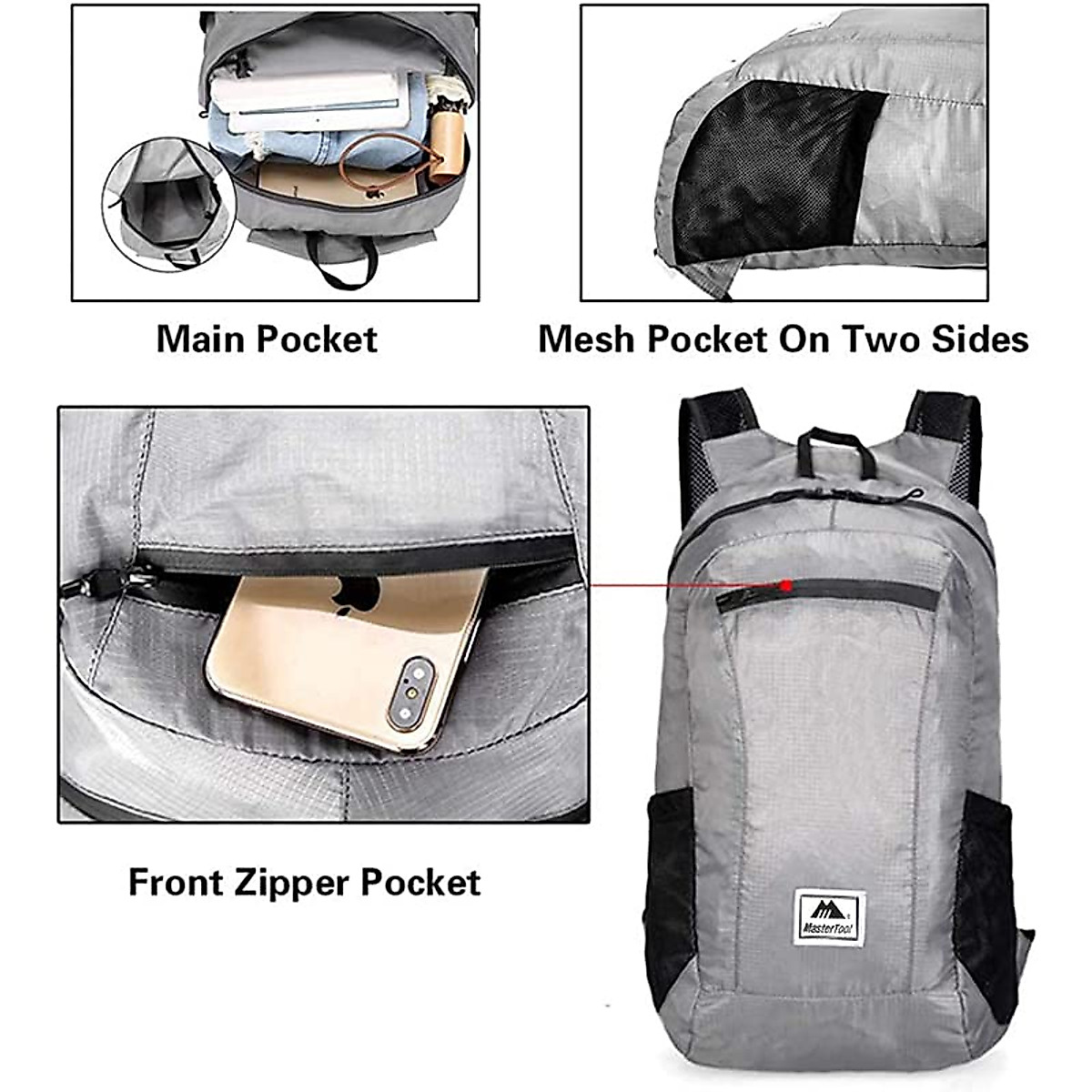 MasterTool Hiking Daypack, Water Resistant Lightweight Packable Foldable Backpack for Travel Camping Outdoor, Black, (291-2243-06), 20L