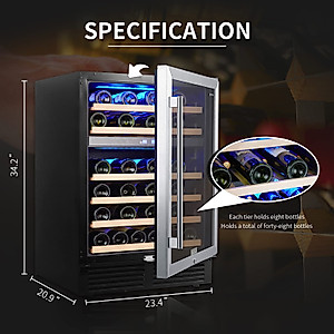 24 inch Freestanding Wine Fridge, 46 Bottle Fast Cooling Low Noise Compact Mini Wine Fridge with Stainless Steel Tempered Glass Door Small Wine Cooler Cabinet Beverage Refrigerator, for Kitchen