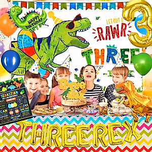 Three Rex Birthday Party Decorations Boy, Dinosaur 3rd Birthday Party Decorations Supplies,3 Rex Birthday Party with 3 Rex Birthday Backdrop Dinosaur Balloons Kit for 3rd Birthday Decorations for Boys