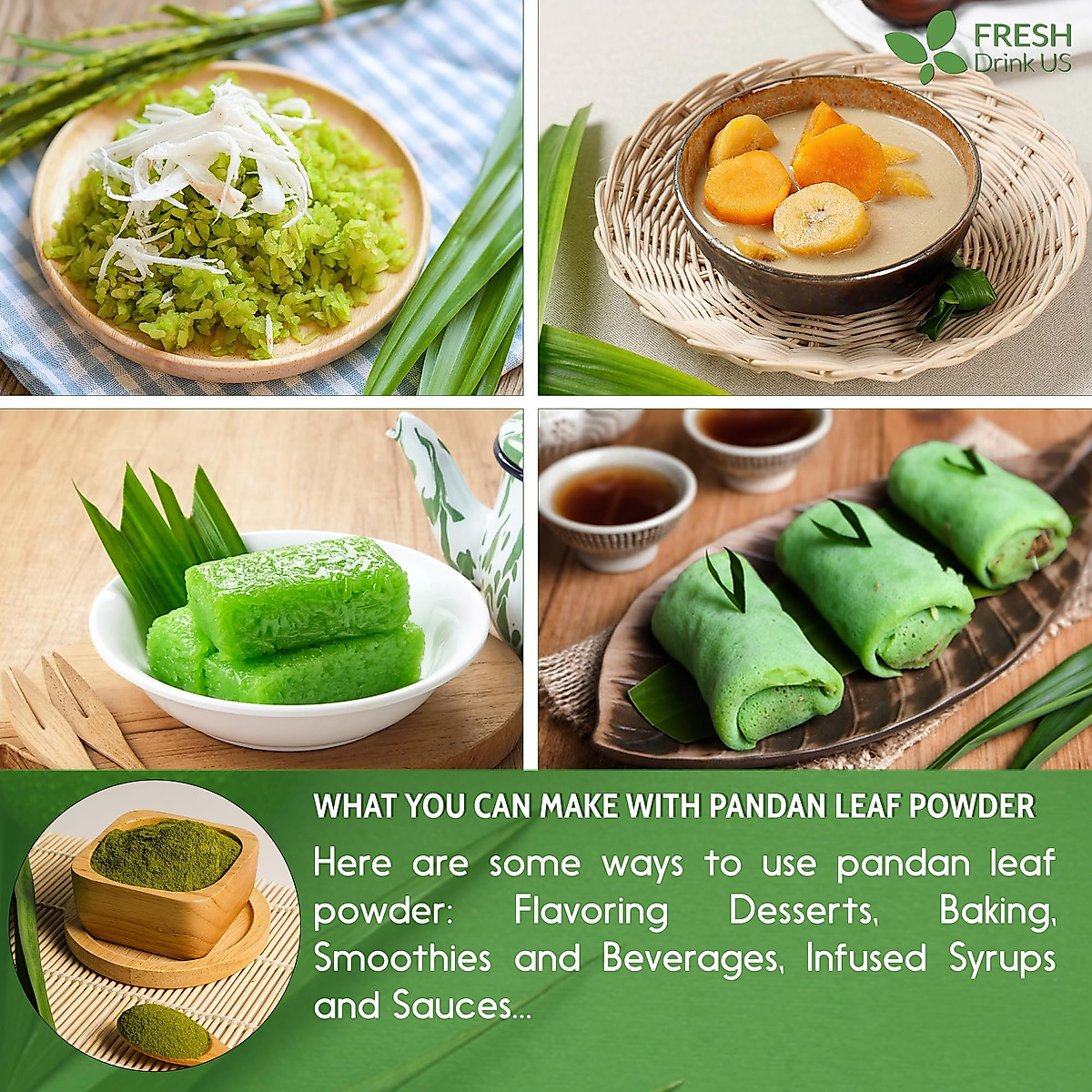 4.5oz Pandan Leaf Powder, 100% Natural and Pure from Pandan Dried Leaves, Emerald Pandan Leaf Powder, Green Food Coloring Powder, No Additives, No Gluten, Vegan.