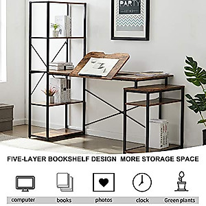 Merax, Brown Computer Desk, 65" Study Writing Home Office, Drafting Drawing Table with 5-Tier Bookshelf, 2 Open Storage Shelf and Tiltable Desktop