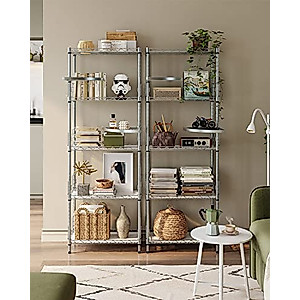 LINSY HOME 5-Tier Storage Shelves with 2 Rotatable Shelves, Height Adjustable Metal Pantry Shelves with 5 Hooks and Shelf Liners, Heavy Duty Metal Shelving, Wire Shelving for Kitchen, Bathroom -Sliver