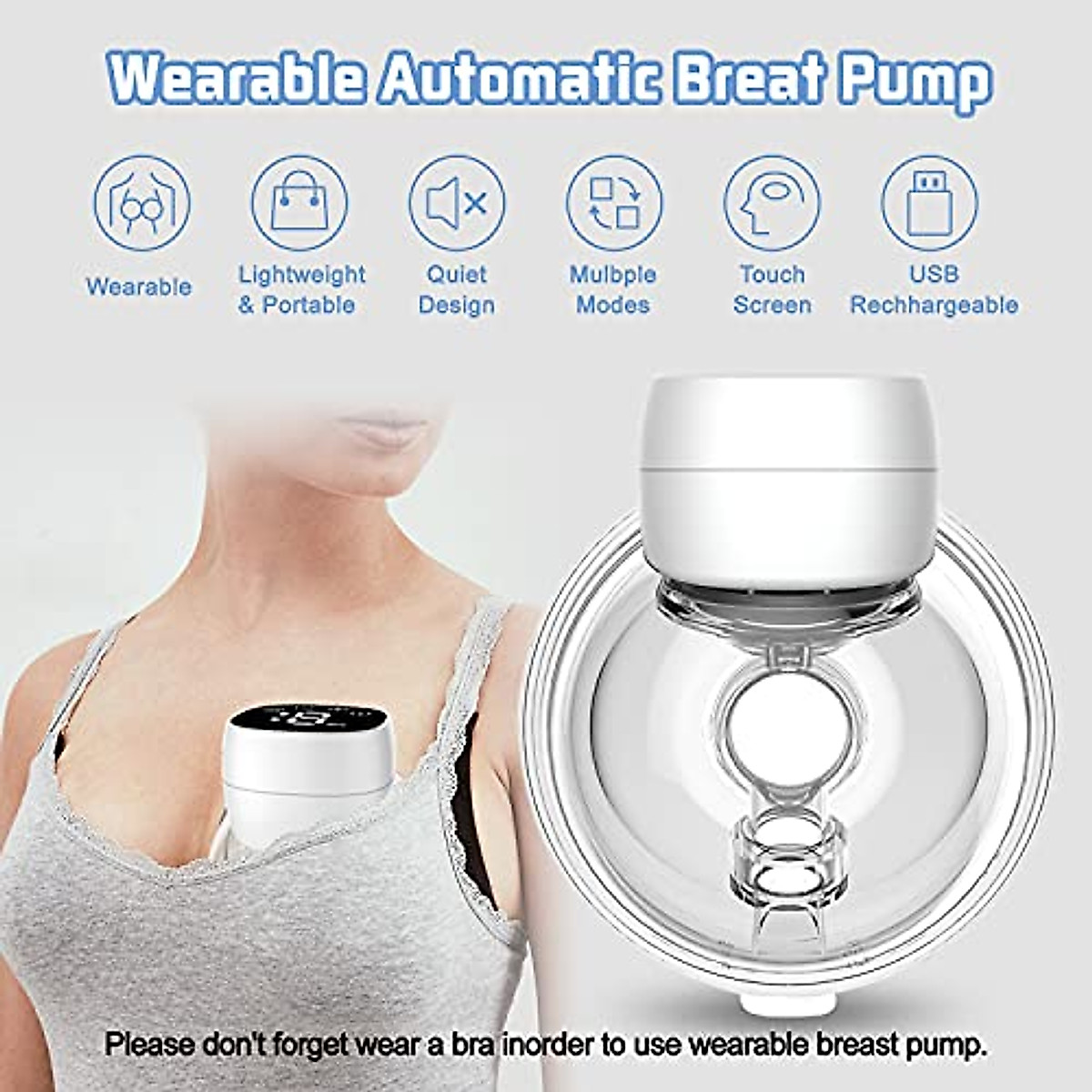 Breast Pump Hands Free, Wearable Breast Pumps for Breastfeeding, Electric Portable Wireless Pump with 3 Modes & 9 Levels, 24mm Flange 3 Inserts, Comfortable & Leakproof, LED Display-2 Pack White