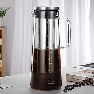 Cold Brew Coffee Maker with Lid and Handle 47oz / 1.4 Liter, Durable Glass Pitcher Carafe, Stainless Steel Mesh Filter Infuser, Dishwasher Safe, for Iced Coffee, Cold Brew, Juice, Tea & More