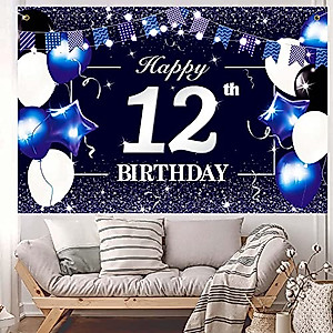 P.G Collin Happy 12th Birthday Banner Backdrop Sign Background 12 Birthday Party Decorations Supplies for Boys Kids 6 x 4ft Blue Purple Blue White 12