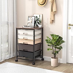 TOOLF Utility Cart with 5 Drawers,Storage Drawer Cart with Wooden Tabletop and Lockable Wheels,Craft Storage Trolley Cart,5-Tier Rolling Utility Cart on Wheels (Brown)