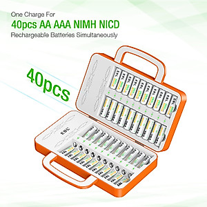 EBL 40Slot Battery Charger for 1/2/3...19/20/21...38/39/40 pcs AA AAA Rechargeable Batteries - Advanced Multiple Battery Charger - Handle Design(Batteries not Included)