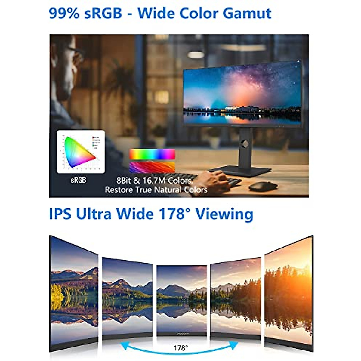 INNOCN 29" Ultrawide Monitor USB Type C 21:9 IPS Display WFHD 2560 x 1080P 350Nits 99% sRGB DP HDMI Computer Monitor, 75Hz, Split Screen, Height/Pivot Adjustable, Wall Mountable - 29C1F-D