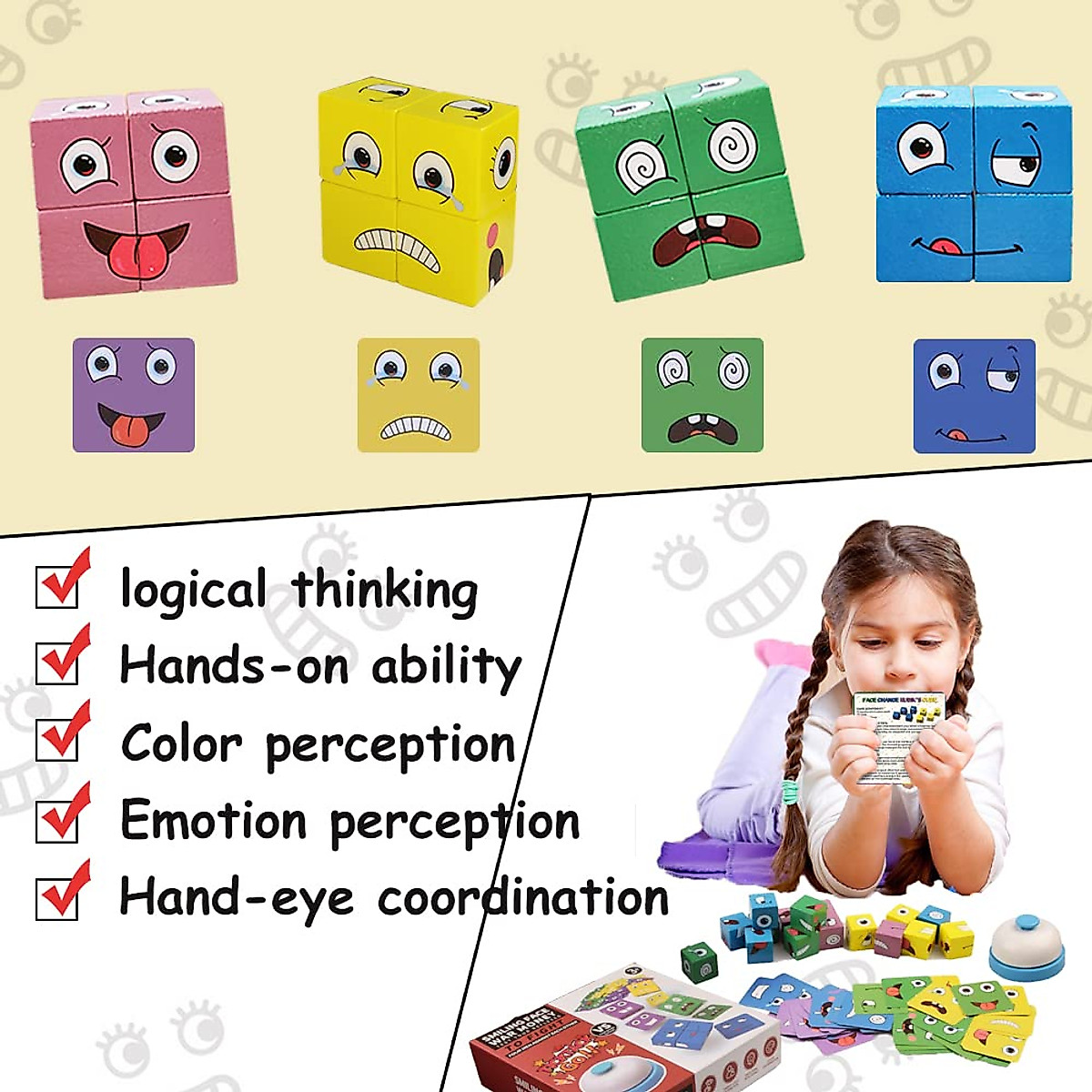 Wooden Expression Puzzle Building Cubes Game Face Changeing Magic Cube Building Blocks with Bell Parent-Child Board Games for 3+ Years Kids Educational Montessori Toys Gifts