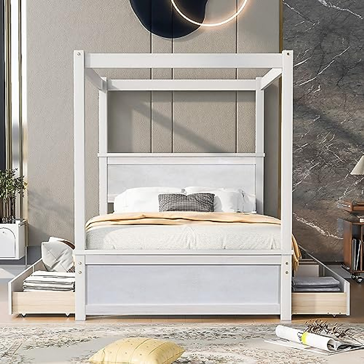 Wood Canopy Bed with 4 Storage Drawers, Full Size Canopy Platform Bed Frame with Headboard & Footboard for Kids Girls Boys, No Box Spring Needed (Brushed White)