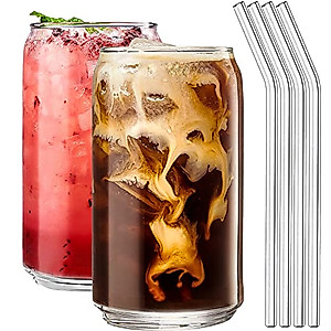 Drinking Glasses Set of 4 - Can Shaped Glass Sake Cups with Straws, 16oz Iced Coffee Glasses, Iced Tea Glasses, Tumbler Cup, Cocktail Glasses, Whiskey Soda Clear Water Cup, Beer Glasses.