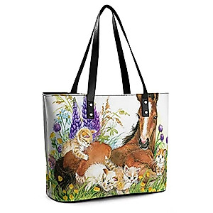 Womens Handbag White Horse Cat Leather Tote Bag Top Handle Satchel Bags For Lady