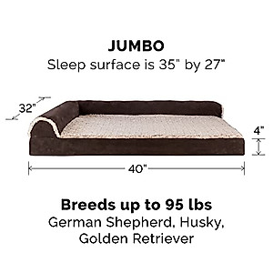 Furhaven Orthopedic Dog Bed for Large Dogs w/ Removable Bolsters & Washable Cover, For Dogs Up to 95 lbs - Two-Tone Plush Faux Fur & Suede L Shaped Chaise - Espresso, Jumbo/XL