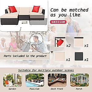 Greesum Patio Furniture Sets 5 Piece Outdoor Wicker Rattan Sectional Sofa with Cushions, Pillows & Glass Table, Beige