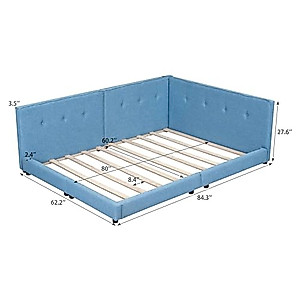 ATY Upholstered Queen Size Daybed with 2 USB Ports, Sofa Bed Platform Bedframe with Slat Support, No Box Spring Needed, for Bedroom, Livingroom, Guestroom, Easy Assembly, Blue