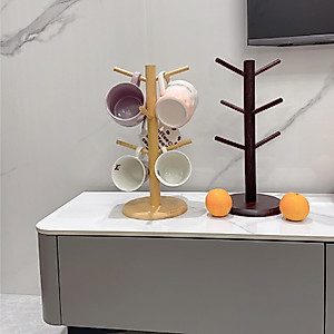 QruiLanTu Coffee Mug Tree,Coffee Mug Holder，Coffee Cup Holder with 6 Hooks,Wood Coffee Mug Holders for Counter,Coffee Bar Accessories and Decor，(Yellow)