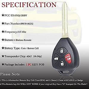 Key Fob Remote Replacement Fits for Toyota Camry 2007 2008 2009 2010 2011/Corolla 2009-2010 HYQ12BBY Keyless Entry Remote Control 89070-06232