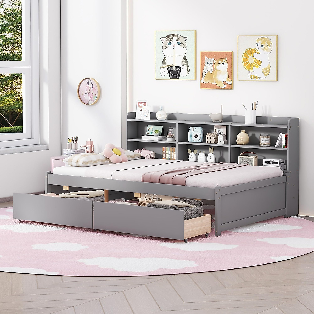 Harper & Bright Designs Full Captains Bed with Bookcase and Two Drawers, Wooden Full Size Daybed Frame with Storage,Space Saving Full Bed Frame for Girls Boys (Grey,Full)