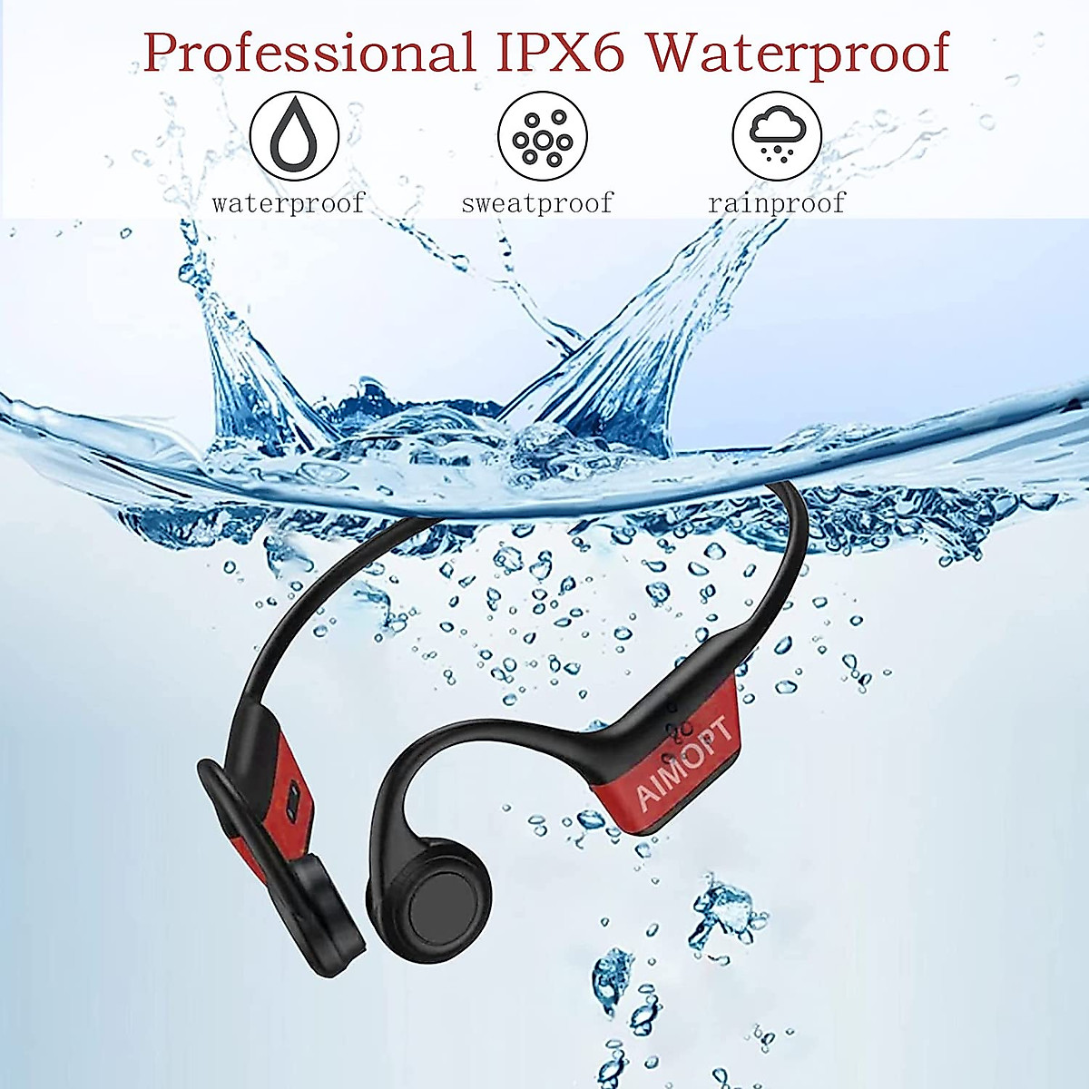 Aimopt Bone Conduction Headphones,Open Ear Headphones Wireless Bluethooth 5.3 Running Headphones,IPX6 Waterproof Bluetooth Headset for Workouts, Night Running, Cycling, Driving (Red)