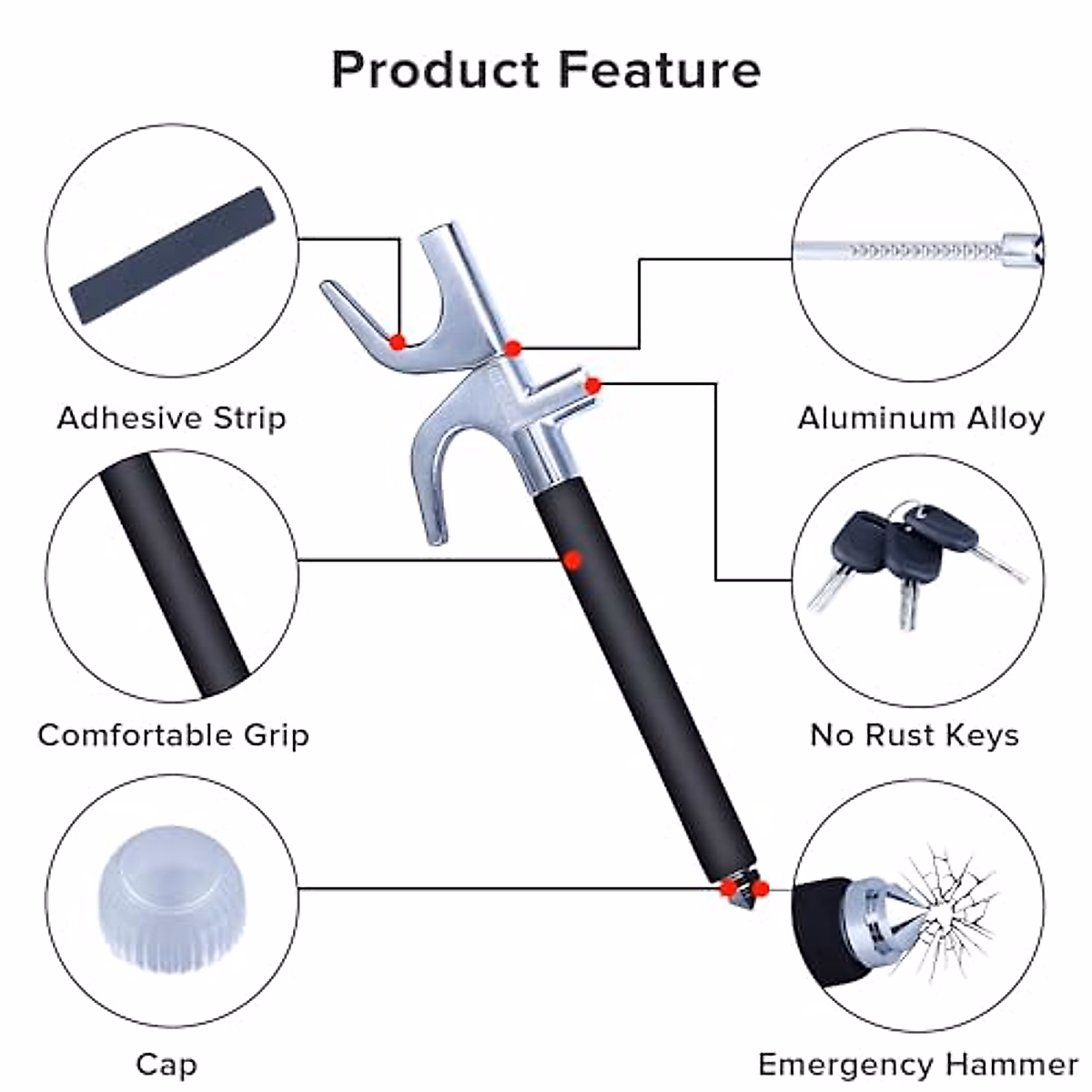 Anti Theft Steering Wheel Lock, Retractable Wheel Locks, Universal Adjustable Car Theft Prevention Device with 3 Keys and Safety Hammer Fit for All Type of Cars