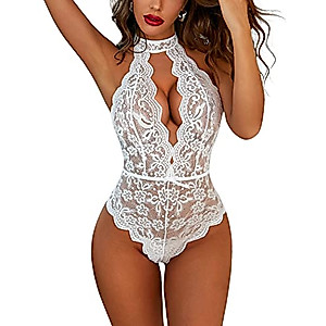 Avidlove Womens Snap Crotch Lingerie Halter Lace Bodysuit Sexy Teddy Babydoll White L