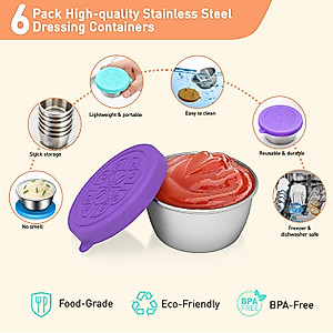 CasaCulina 6x1.6 oz Salad Dressing Container To Go, Stainless Steel Small Condiment Containers with Leakproof Silicone Lids, Reusable Sauce Containers for Lunch Boxes, Picnics and Travel