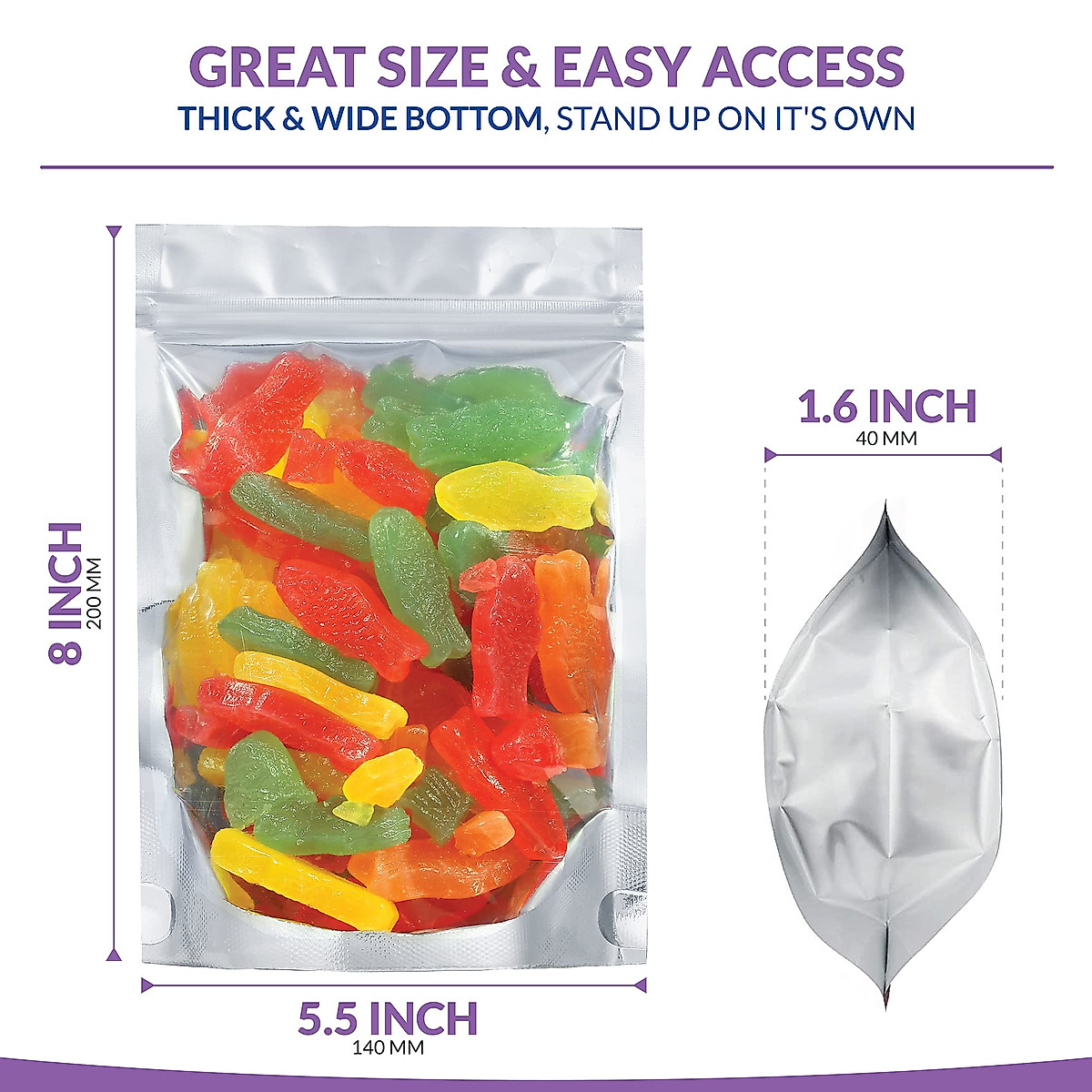 Stand Up Mylar Bags 5.5” x 8” +1.6" Heat Seal For Candy & Food Packaging, Medications And Vitamins - 100 Sealable Mylar Ziplock Bags with Gusset Bottom - For Liquid And Solids (5.5” x 8” + 1.57”)