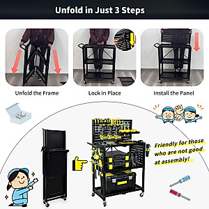 Lumizone 3-Tier Foldable Rolling Tool Cart with Wheels, Utility Cart with Pegboard for Garage Organizer and Tool Storage, Power Tool Storage Cart on Wheels (Tool Cart)