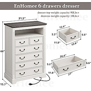 EnHomee Farmhouse 6 Drawer Dresser for Bedroom LED Light & Power Outlets, 48" H Solid Wood Dressers & Chests of Drawers with Natural Texture, Tall Dressers for Bedroom, Hallway (Antique White)
