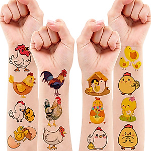 Chicken Temporary Tattoos Sticker for Kids 8 Sheet (80 Pcs) Yellow Farm Themed Birthday Party Decorations Supplies Favors Gifts Ideas for Girls Boys Baby Showers Cute Fake Tattoo Classroom Reward