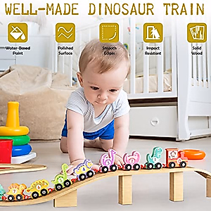 WOODMAM Wooden Dinosaur Number Train, Montessori Toy Train Set with Storage Bag, Educational Toy Gift for Baby Toddler Boys Girls Age 1 2 3 Years Old