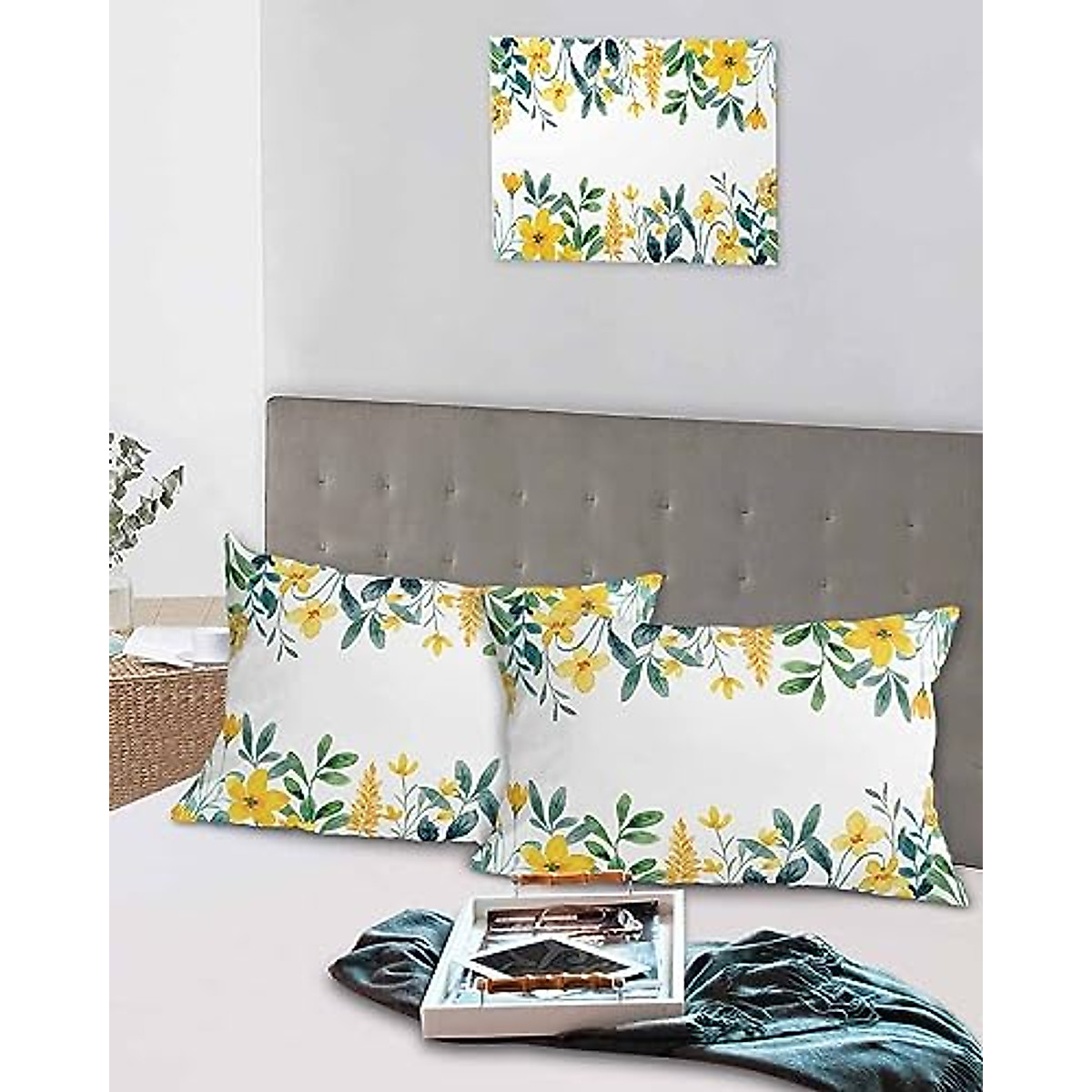 Edwiinsa Summer Tropical Plants Pillow Covers Standard Size Set of 2 20x26 Bed Pillow, Yellow Spring Floral Plush Soft Comfort for Hair/Skin Cooling Pillowcases with Envelop Closure