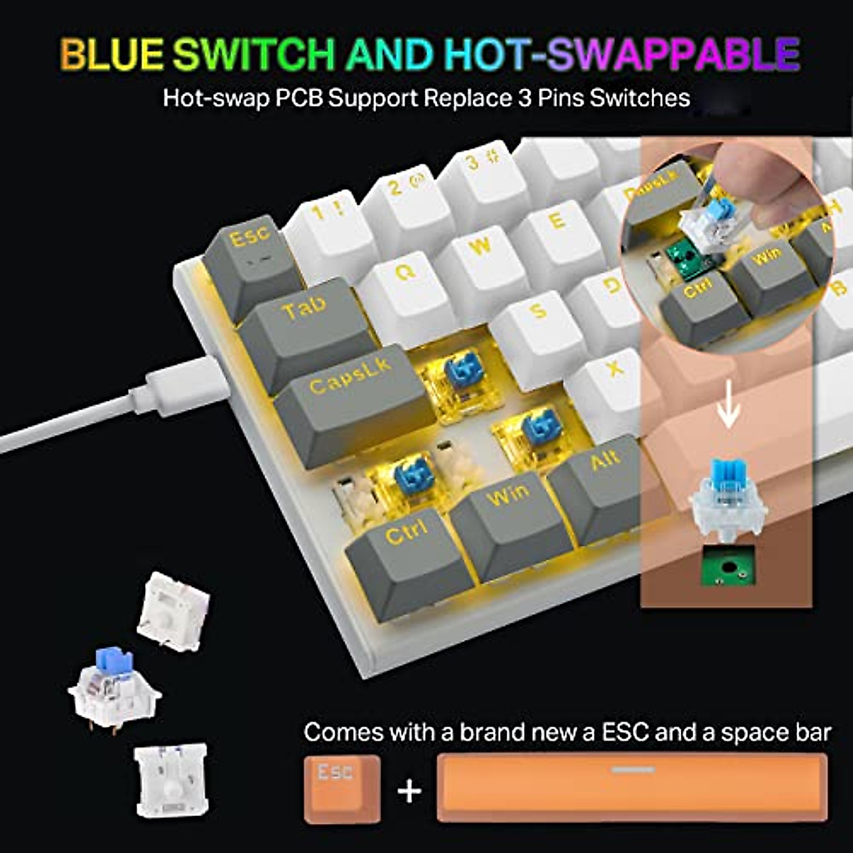 E-YOOSO 60% Mechanical Keyboard, Blue Switches Mechanical Gaming Keyboard Wired with LED Backlit, Ultra-Compact 60 Percent Computer Keyboard for Windows, Mac OS (White Grey)