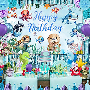 GPWXYYY Under the Sea Birthday Party Decorations, 48Pcs Turtle Theme Party Decorations Include Backdrop Banner Pom Poms Tassel Curtains Balloons for Ocean Birthday Party Decor