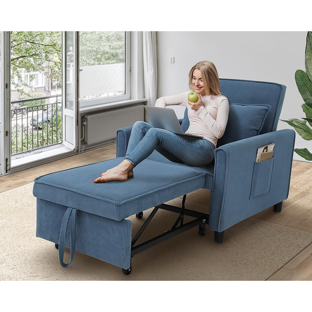 SEJOV Convertible Sofa Bed, 3 in 1 Couch Pull-Out Bed, Loveseat Sleeper Sofa Bed with 3 Adjustable Backrest, Recliner with Throw Pillow, Small Space for Living Room, Apartment, Bedroom, Blue