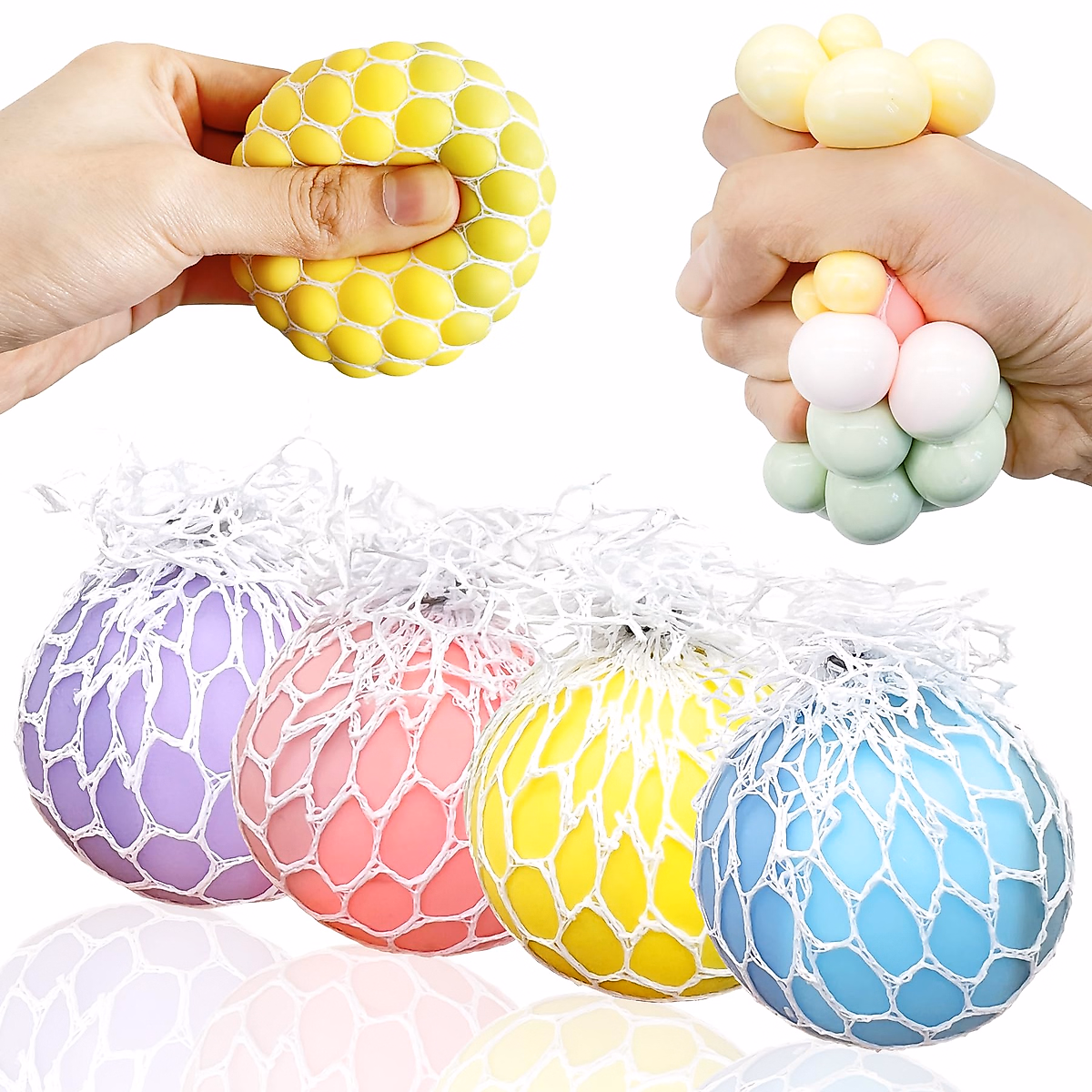 Stress Balls for Kids Fidget Toys Adults Mesh Grape Stress Ball (4Pack) Squishy Toys Fidget Squish Dough Ball Autism Sensory Toys for Autistic Children Stress Relief Toy Party Favors for 8-12