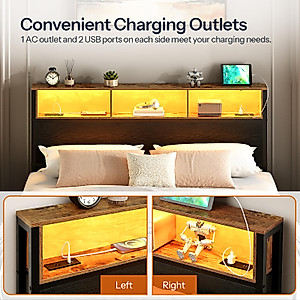 HOOBRO Headboard Queen Size, Headboard with Charging Station and LED Light, Queen Headboard with Storage, Industrial Style Headboard, Height Adjustable, Rustic Brown and Black