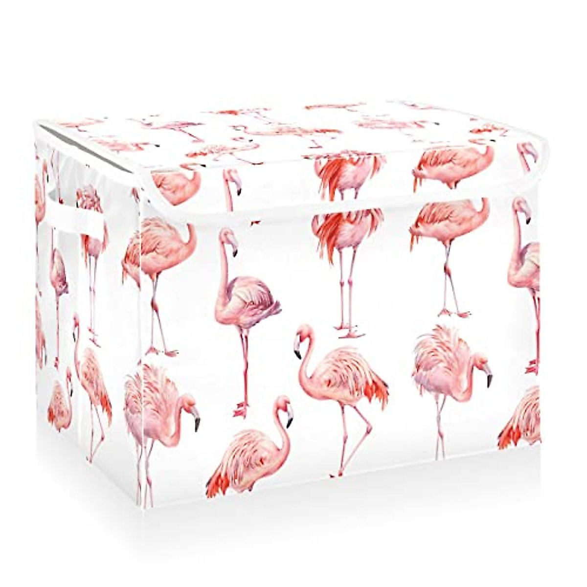 CaTaKu Flamingo White Storage Bins with Lids and Handles, Fabric Large Storage Container Cube Basket with Lid Decorative Storage Boxes for Organizing Clothes