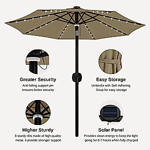 EAST OAK Patio Umbrella, 9 ft Outdoor Table Umbrella with 40 LED Solar Lights and 8 Ribs, 1.9inch Aluminum Pole, UPF 50+ Fade Resistant and Push Button Tilt for Deck and Poolside, Tan