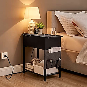 Lovitgo End Table with Power Outlet, Small Side Table with USB Ports & Fast Charging, Flip Top Nightstand with 2 Cup Holders & Fabric Drawer, Fabric Bag for Small Spaces,Living Room,Bedroom