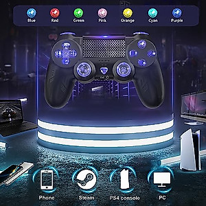 Dinosoo RGB Wireless Controller for PS4/Slim/Pro/PC, Colorful RGB lights - Blue Red Green Pink Orange Cyan Purple, with Dual Vibration/6-Axis Motion Sensor/Turbo/1000mAh Battery/Headphone Audio